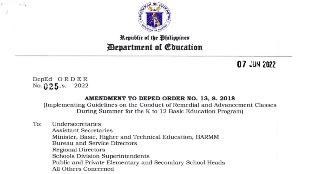 Enrichment Classes DepEd DO 25 S 2022 Amendment To DepEd Order No 13